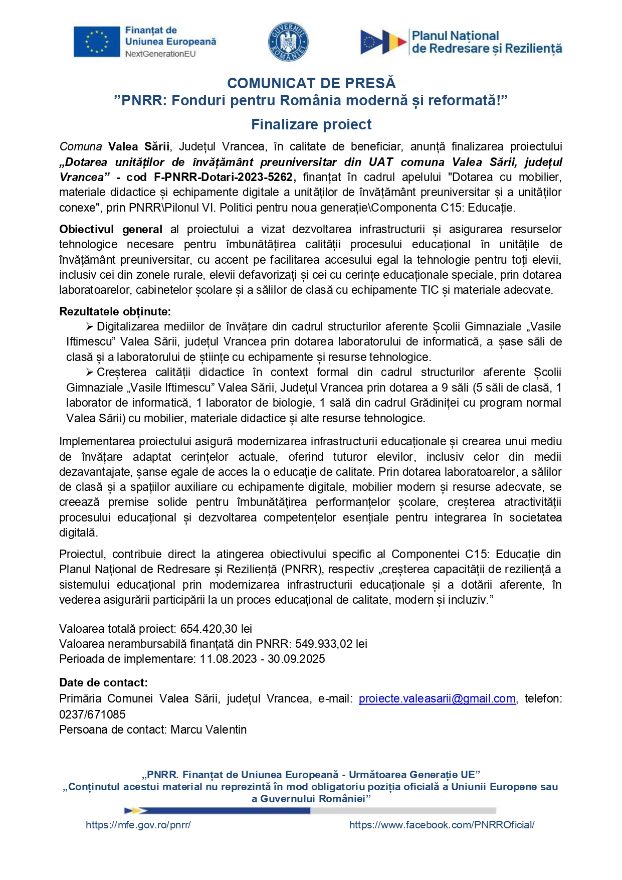 Comunicat de presă finalizare proiect - Data: 26.09.2025 - Monitorul de ...